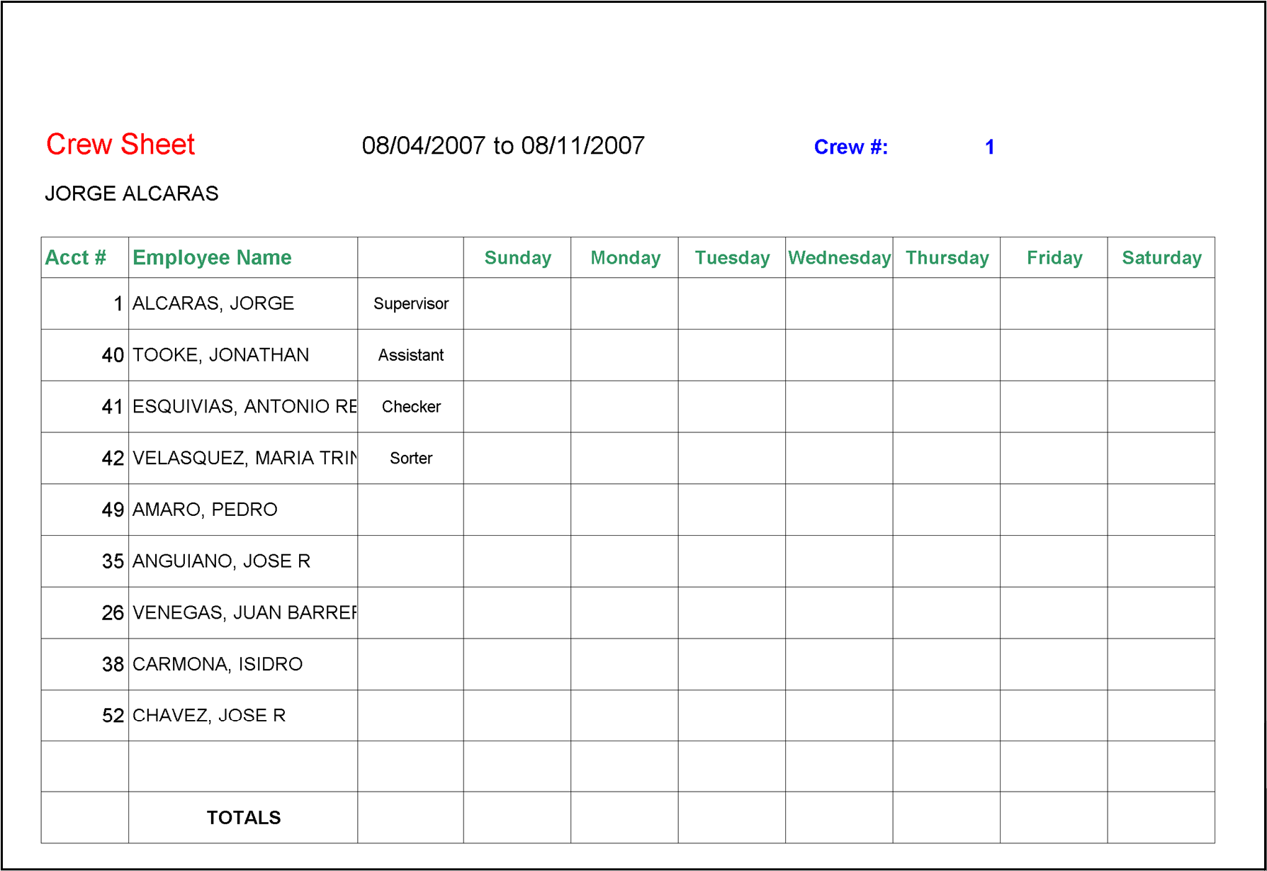Crew Sheets Using an Excel Template