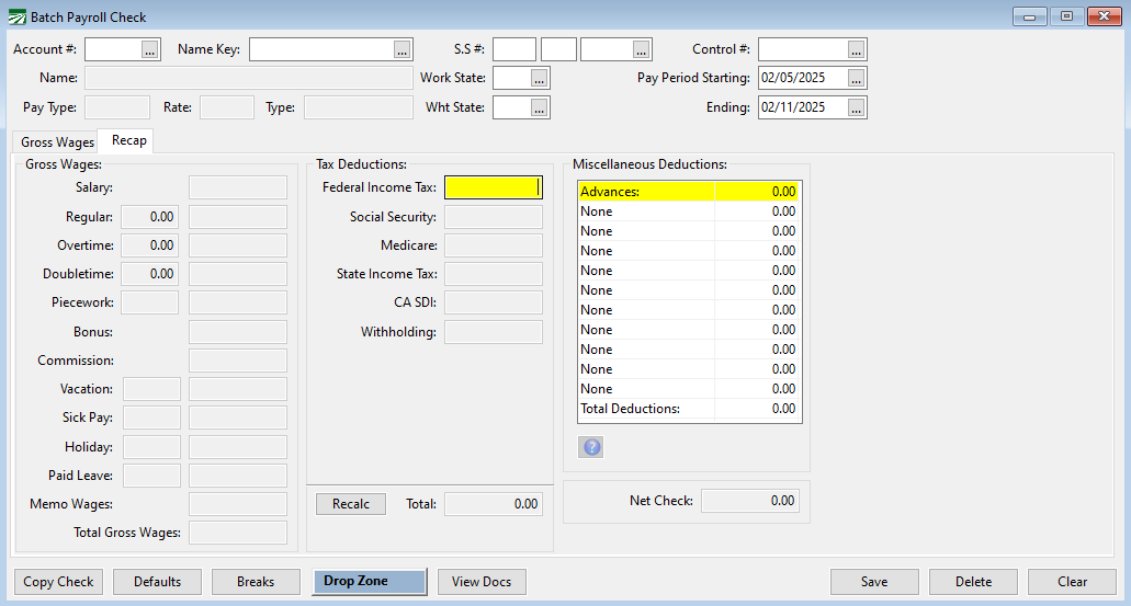 Batch Payroll Check Entry