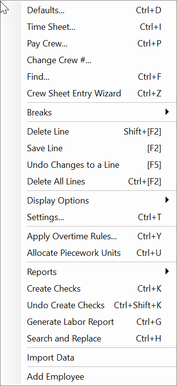 Daily Payroll Right-Click Menu Options