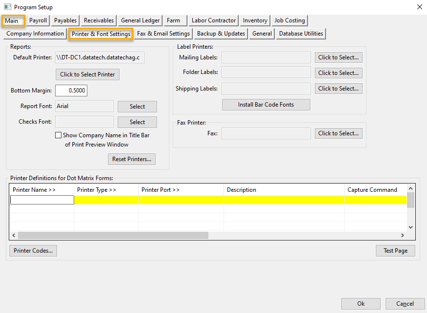 Printer & Font Settings
